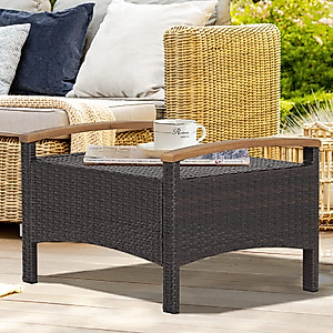 RELAX4LIFE Outdoor Wicker Ottomans for Patio - 2 Pieces PE Rattan Ottoman, Footrest Seat with Zippered Cushions, Acacia Wood Handles, 3-in-1 Footstool, Side Table for Poolside, Backyard (Brown)
