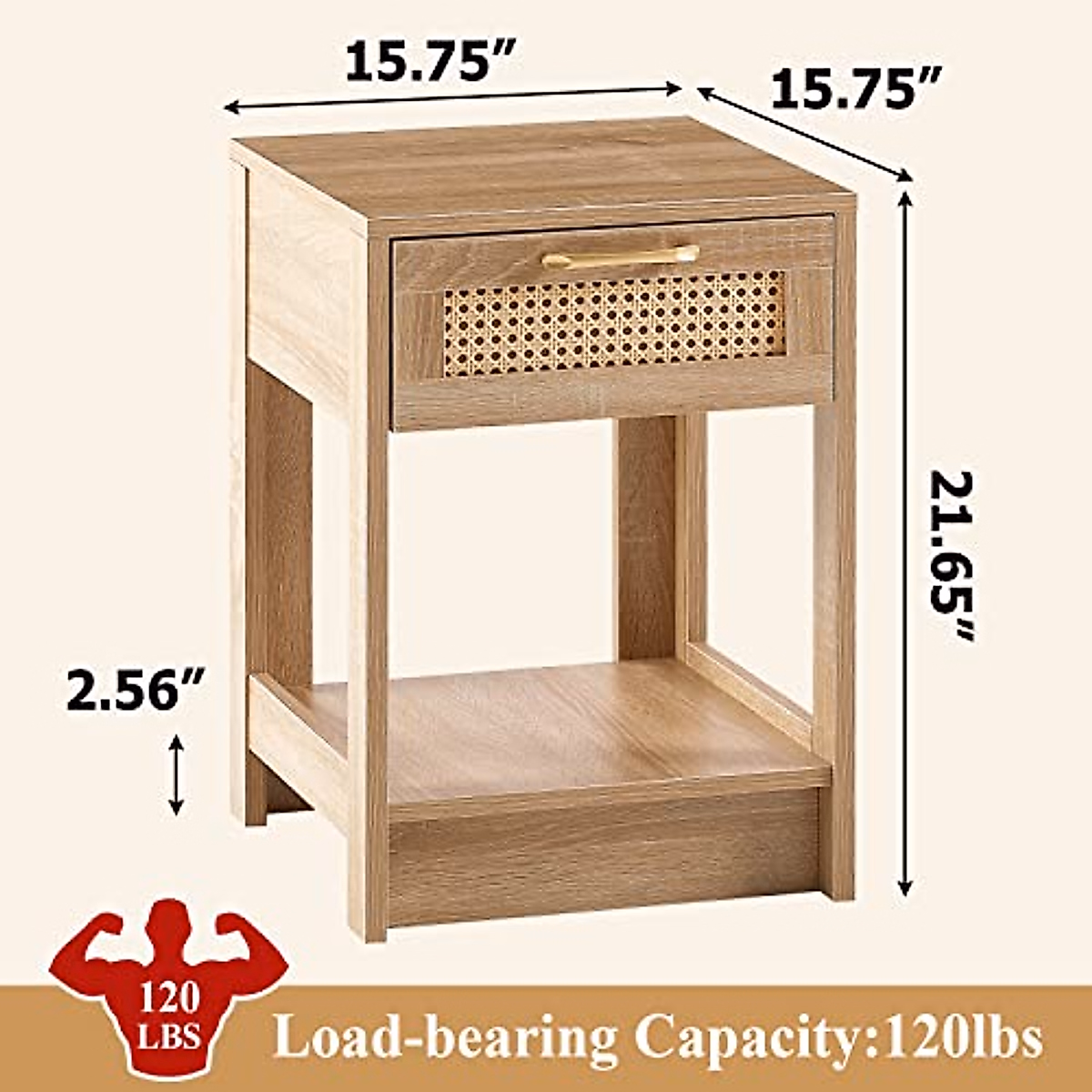 LETESA Rattan Nightstands Set of 2, with Rattan Decor Drawer and Open Shelf, Bed Side Tables with Solid Wood Feet, End Table, Night Stands, for Bedroom, Living Room (2, Natural-Square)