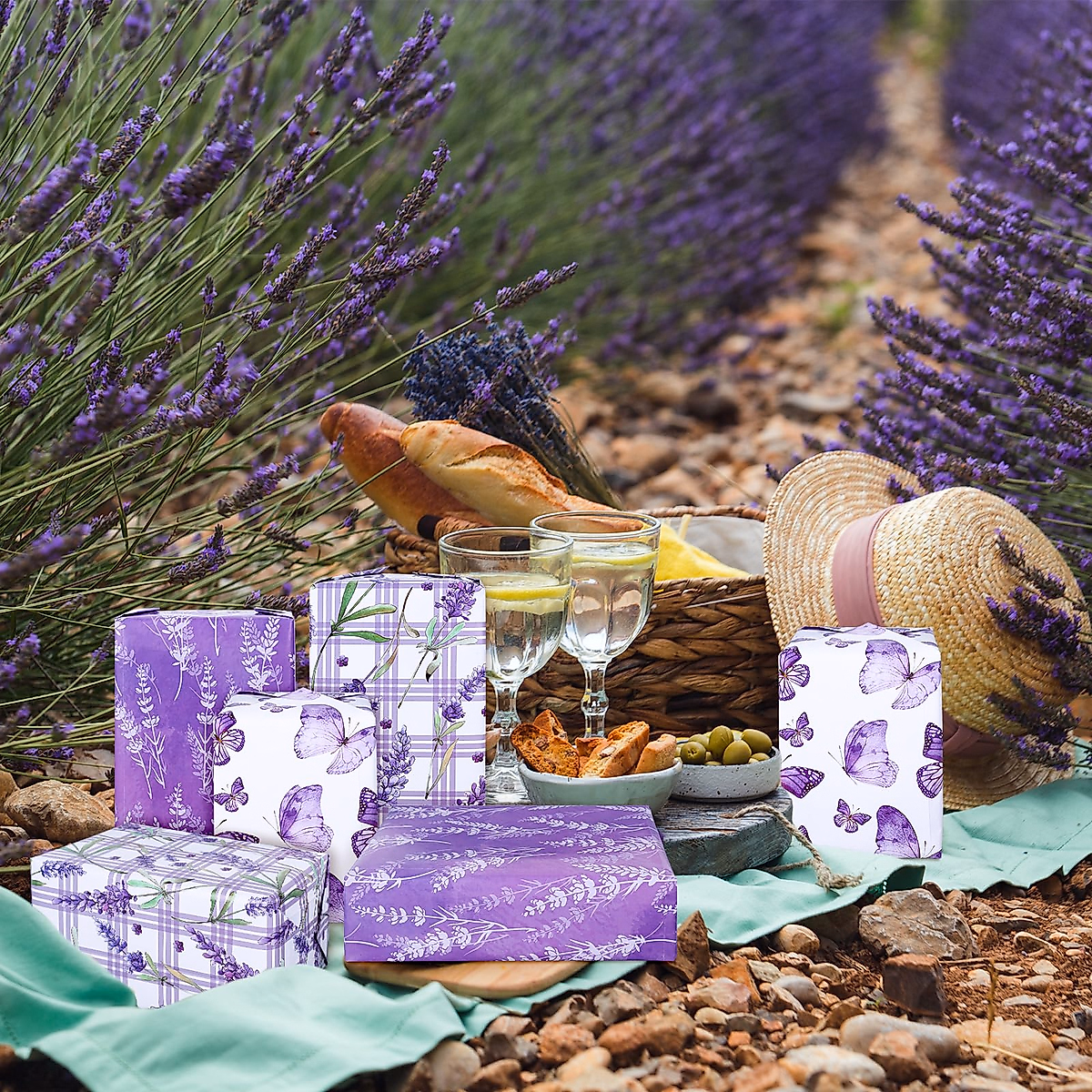 AnyDesign 12 Sheet Floral Wrapping Paper Purple Lavender Butterfly Gift Wrap Paper Folded Flat Floral Art Paper for Wedding Birthday Baby Shower Party Gift Packing DIY Craft, 19.7 x 27.6 Inch