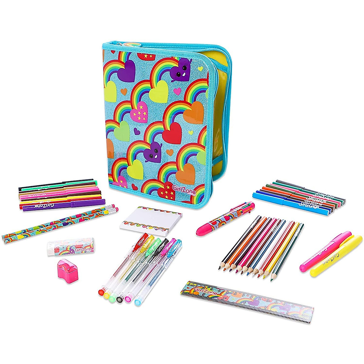 GirlZone Jumbo Rainbow Arts & Crafts Filled Stationery Pencil Case for Girls, 43 Pieces