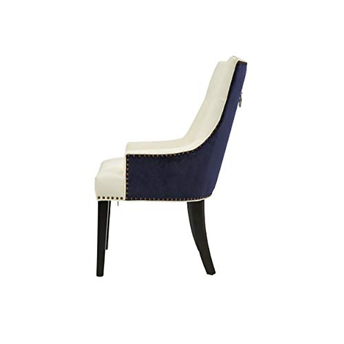 Iconic Home Cadence Dining Side Chair Button Tufted PU Leather Velvet Polished Brass Nailheads Espresso Finished Wooden Legs, Navy – White, Modern Transitional