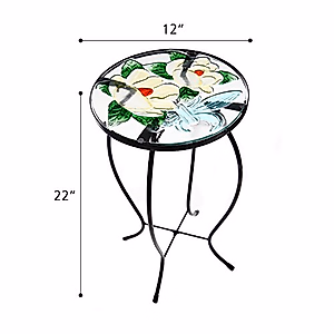CEDAR HOME Side Table Outdoor Garden Patio Metal Accent Desk with Round Hand Painted Glass, Yellow