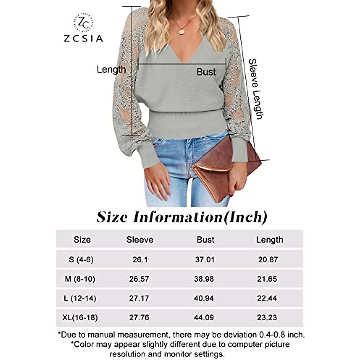 ZCSIA Women's Long Sleeve V Neck Lace Patchwork Solid Color Ribbed Knit Pullover Sweater Tops,SolidGrey,Small
