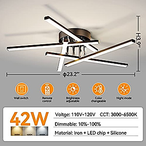 JFHTNFJ 42w Modern Sputnik Ceiling Light Fixture LED Dimmable with Remote Control Ceiling Lighting Black Flush Mount Chandelier Ceiling Lamp for Bedroom Study Kitchen Living Room