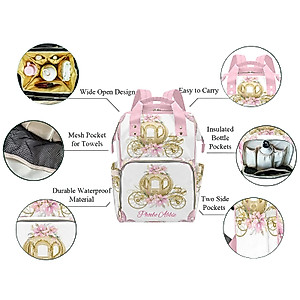 Pink Gold Car Floral Personalized Diaper Backpack with Name,Custom Travel DayPack for Nappy Mommy Nursing Baby Bag One Size