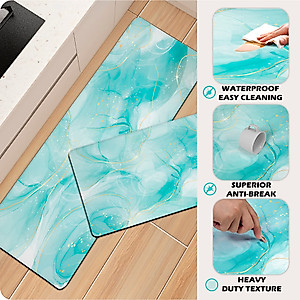 Teal Marble Kitchen Rugs Mats Sets 2 Gold Blue Turquoise Abstract Cushioned Anti-Fatigue Kitchen Floor Mat PVC Non-Slip Memory Foam Comfort Standing Mat for Sink Laundry, 17.3''x 28''+17.3'' x 47''