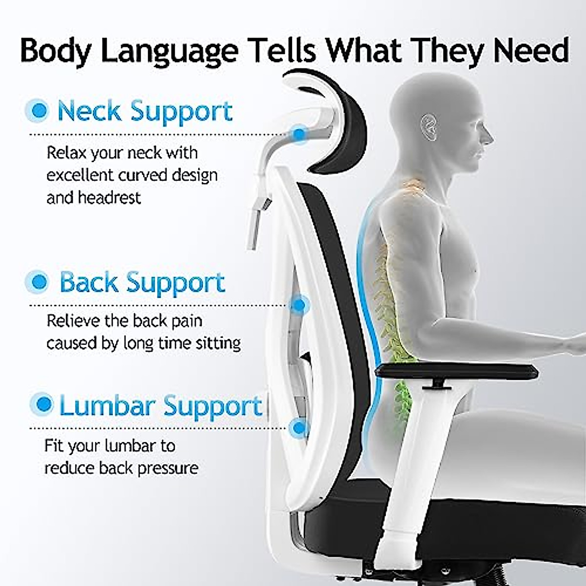 KERDOM Ergonomic Office Chair, Rolling Swivel Executive Desk Chair, Breathable Mesh Gaming Chair with Adjustable Headrest, 3D Armrest and Lumbar Support for Home Office White