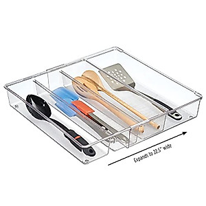 mDesign Plastic Adjustable/Expandable Divided Drawer Storage Organizer with 4 Compartments for Kitchen Pantry, Cupboard, Cabinet, Hold Silverware, Utensils, Cutlery - Ligne Collection - Clear