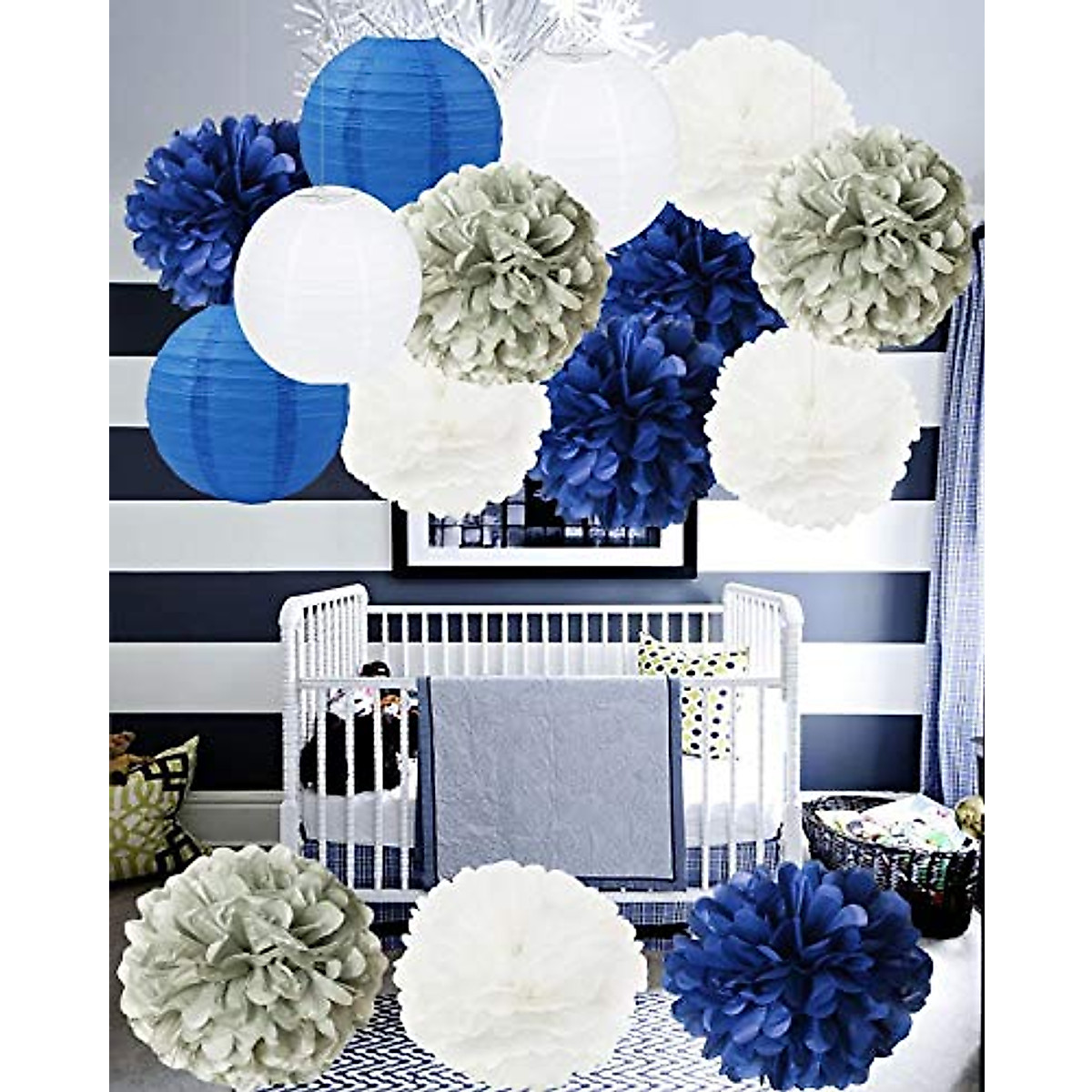 Kubert Outer Space Birthday Party Decorations 1st Birthday Boy Prince Party Decorations with Navy Silver Tissue Pom Poms Decorations Happy Birthday Banner Navy Blue Glitter Silver Paper Star Garlands