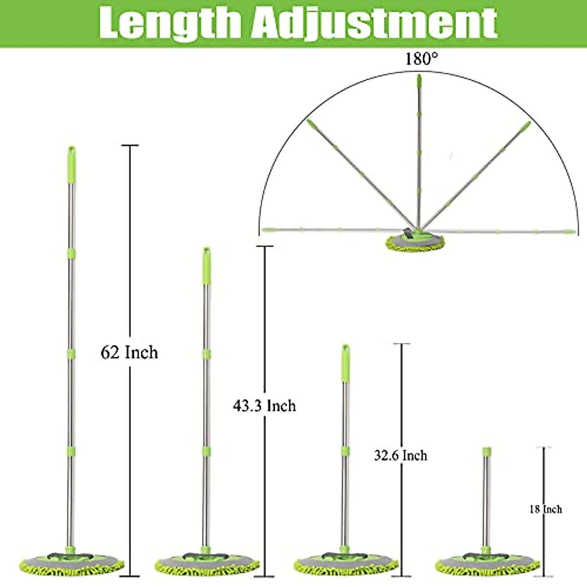 LumiMokki 62" Car Wash Mop Kit, Car Wash Brush with Long Handle Stainless Steel Pole, Car Wash Kit Car Detailing Kit Car Wash Mop Mitt Car Cleaning Supplies Kit for RV Cars SUV Trucks and Bus (Green)