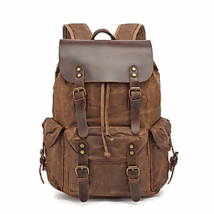 Jahomieo Vintage Leather Backpack for Men, Waxed Canvas Laptop Shoulder Rucksack for Travel Hiking