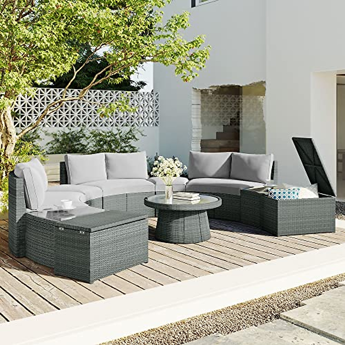 DHPM 10-Piece Half-Moon Sectional Patio Furniture Set Curved Outdoor Sofa with Tempered Glass Round Coffee Table, Light Gray