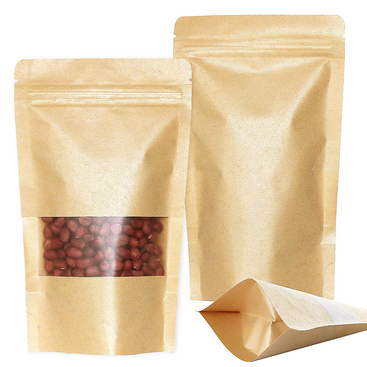 SumDirect Kraft Food Bags with Window - Resealable Kraft Stand Up Pouches, 50Pack 4.7x7.8inches Zipper Food Storage Bags for Packaging