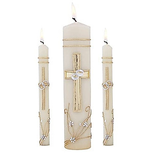 Wedding Unity Candle Set for Ceremonies, Gold Tone and Silver Toned Ornate Centerpiece Candles, 3 Pieces Included