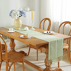 Laolitou Rustic Table Runner with Tassels, Cotton Linen Table Decoration for Christmas Holiday Party, Farmhouse Table Runners, Wedding and Dining Decorations, 72 Inches, Sage Green