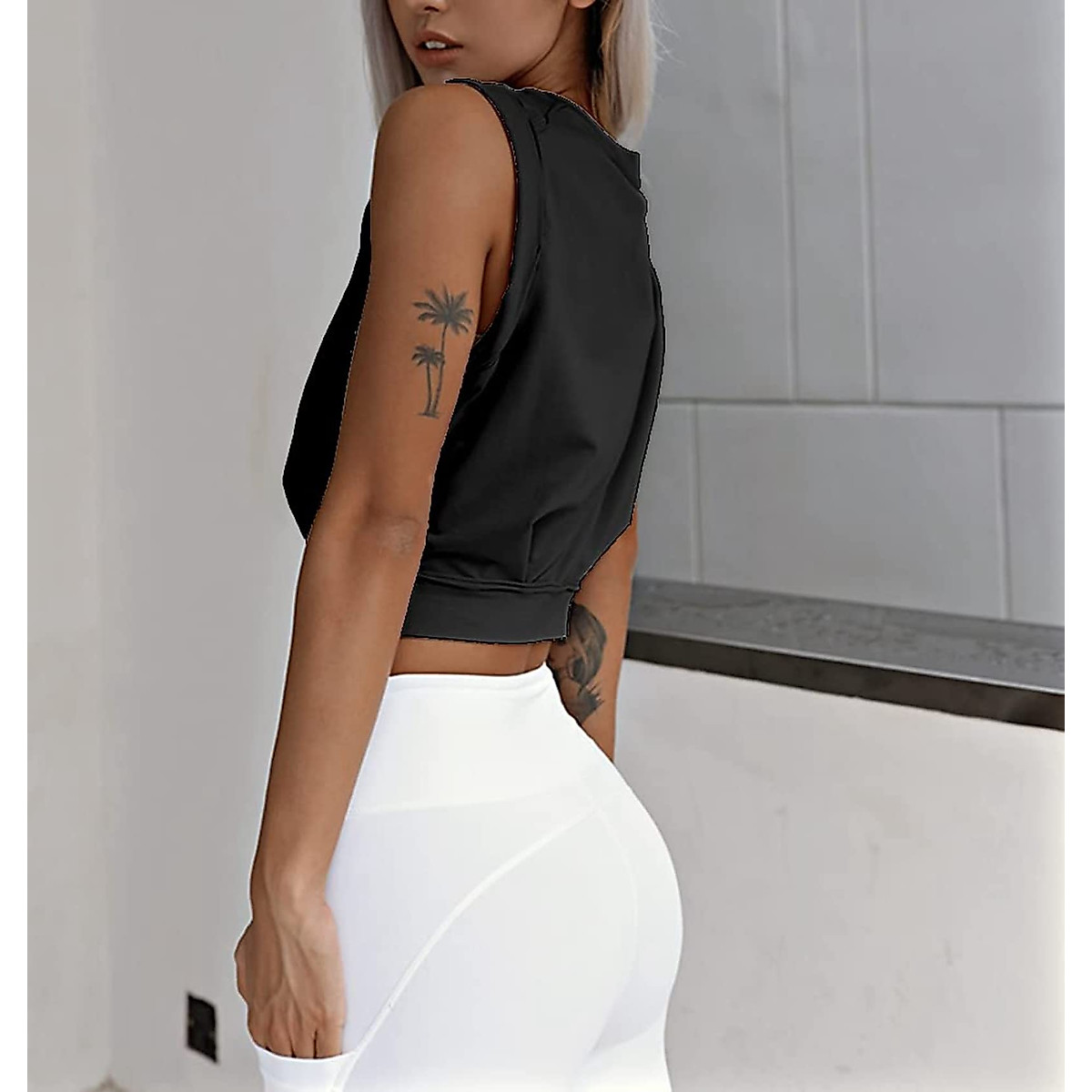 ARRIVE GUIDE Women's Cute Workout Crop Top - Loose Fit Yoga Athletic Tank, Cinched Waist, Cap Sleeve, Cotton, Black M