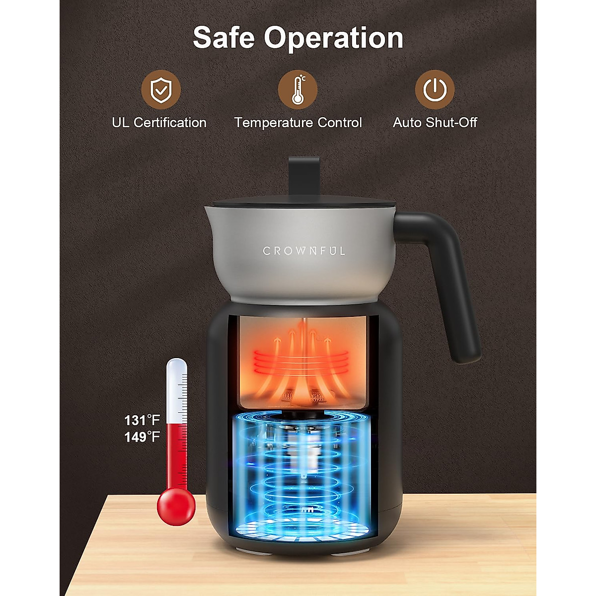 CROWNFUL Milk Frother, Electric 5-in-1 Milk Frother and Steamer with Temperature Control, Dishwasher Safe, Auto Shut-Off Frother for Coffee, Latte, Cappuccino, Macchiato