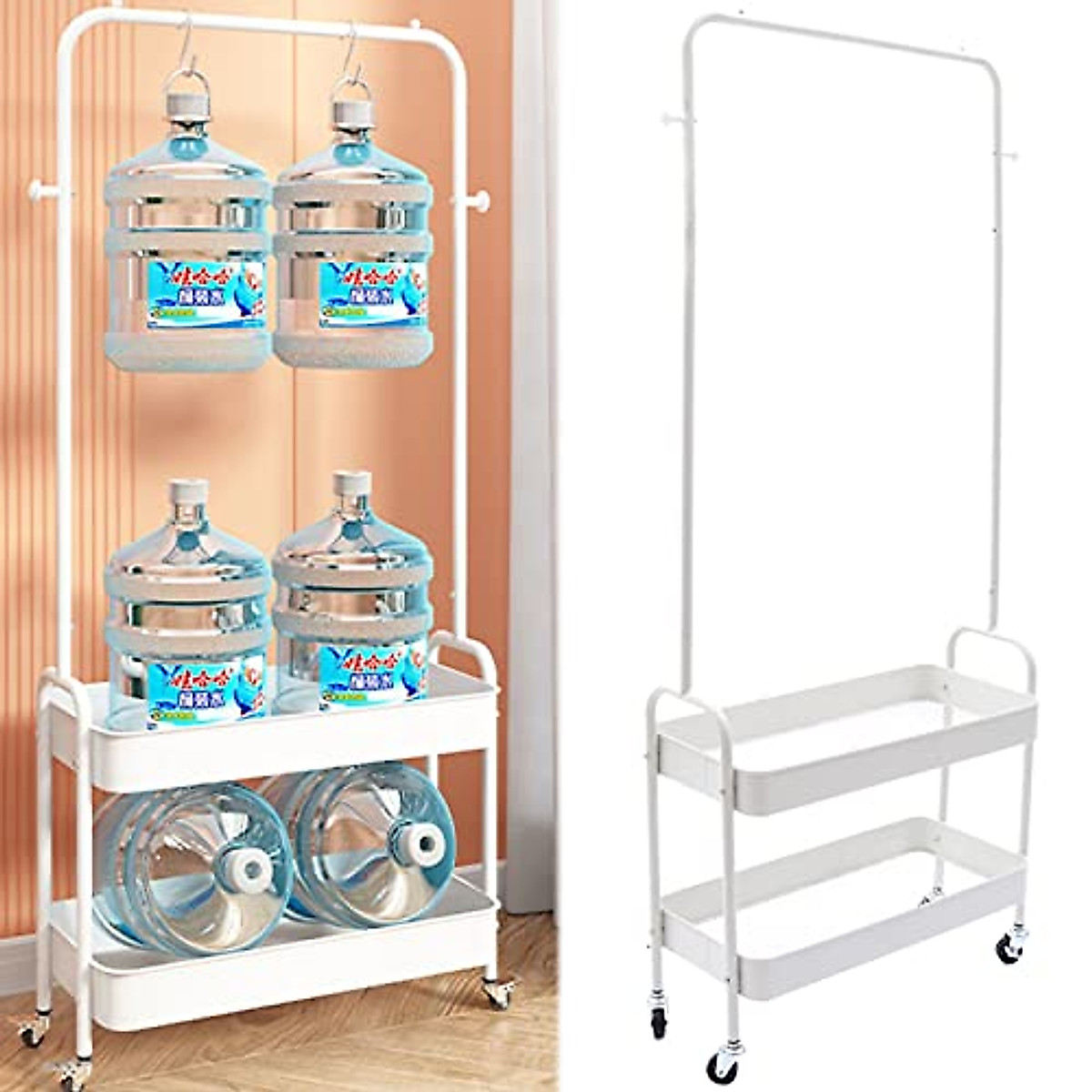 Free-Standing Rolling Garment Rack with 2 Tier Metal Basket, Rolling Storage Cart Clothes Hanging Organizer Coat Rack Storage Stand for Bedroom Laundry Small Place 26.4 x 11.8 x 62.6in