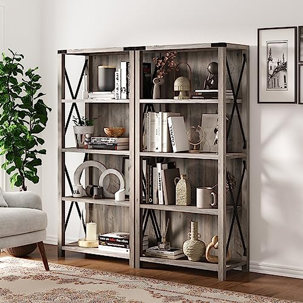 AMERLIFE 4-Tier Bookshelf, Set of 2 Tall Industrial Book Shelf, Rustic Wood & Metal X Frame Farmhouse Bookcase & Bookshelves, for Living Room, Bedroom, Grey Wash