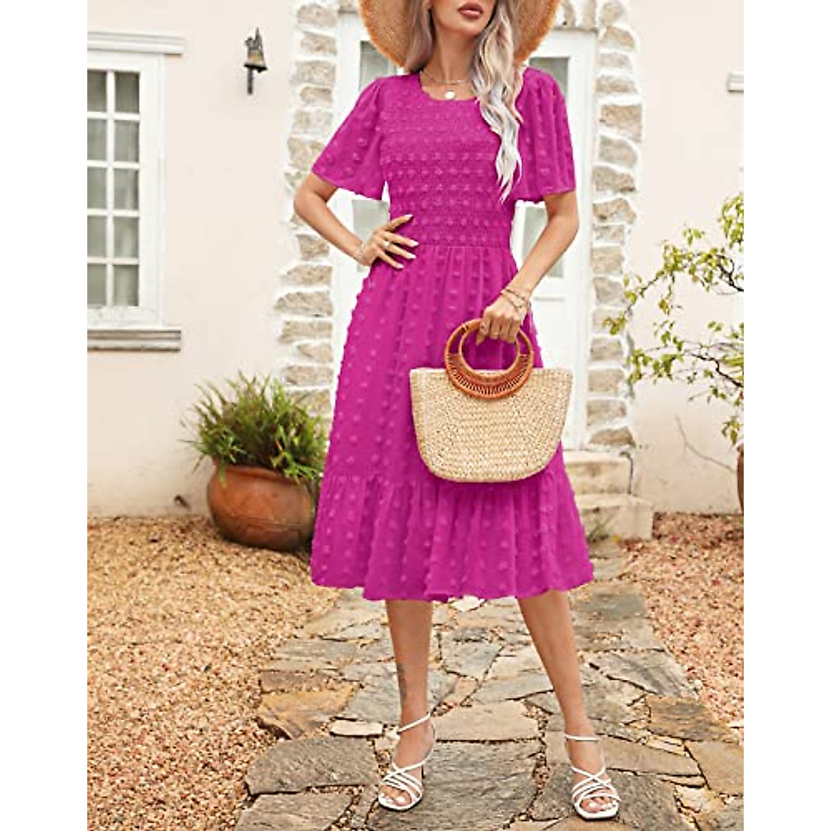 Kranda 2023 Women Summer Casual Short Sleeve Solid Midi Dress Round Neck Flutter Sleeve Smocked Ruffle Swing Flowy Swiss Dot Hot Pink Dress XL