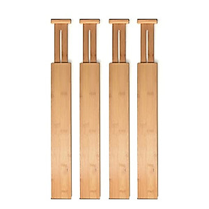 Adjustable Bamboo Drawer Dividers Organizers - Fits Standard Drawers Sized 12.2" Upto 17.3"- Expandable Kitchen Drawer Organizer Separator for Utensils, Dresser, Clothes, Bedroom, Bathroom 4pk, Natural