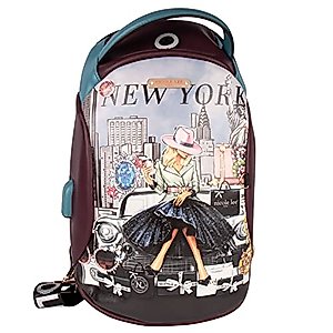 Nicole Lee Sling Backpack with USB Charging and Earphone Ports, Top Handle Travel School Crossbody Bag, Adjustable Strap (Success in New York)