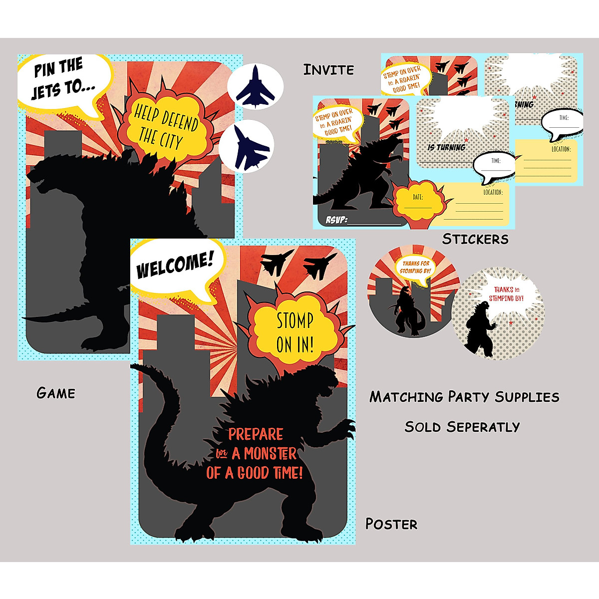 Silly Goose Gifts Retro Monster Type Party Supply (Party Favor Stickers) Thanks for Stomping By! Set of 24 - Kids Dragon Alien Comic Book Movie Themed Type