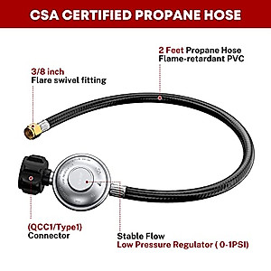 PatioGem Propane Regulator with Hose, 2FT Propane Hose with Regulator, Low Pressure Propane Grill Regulator and Hose, 0-1Psi Propane Gas Regulator, Gas Grill Regulator, Propane Hose for Propane Grills
