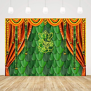 Ticuenicoa 9x6ft India Pooja Traditional Photography Backdrop Banana Leaf Green Chatiya Ganesh Background Puja Ganpati Pooja Mehndi backdrops Decorations Wedding Party Marigold Garlands Photo Props