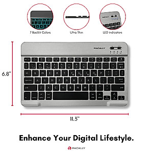 Macally Backlit Bluetooth Keyboard (Universal 7 Colors, Small, Portable) for iPad Pro/Mini, iPhone, Android, Kindle Fire, Samsung Note 9 - BTBLTABKEYSG