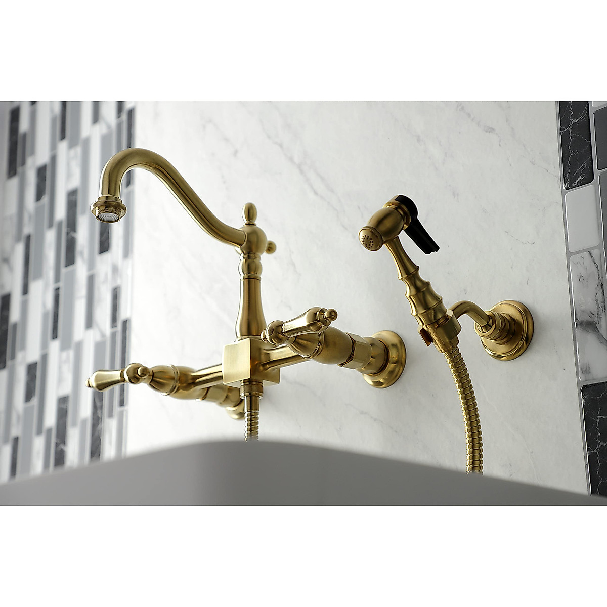 Kingston Brass KS1267ALBS Heritage 8-Inch Centerset Wall Mount Kitchen Faucet with Brass Sprayer, Brushed Brass