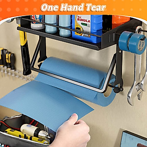 Lorbro Paper Towel Holder with Shelf, Paper Towel Holder Wall Mount One Hand Tear, Garage Organization and Storage with 4 Detachable Hooks, Holds 50 lbs, for Quick Clean Station, Shop, Workbench