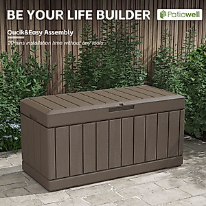 Patiowell 82 Gallon Resin Deck Box, Waterproof Large Wood Look Storage Box for Patio Furniture, Pool Accessories, Garden Tools and Sports Equipment, Lockable, Brown