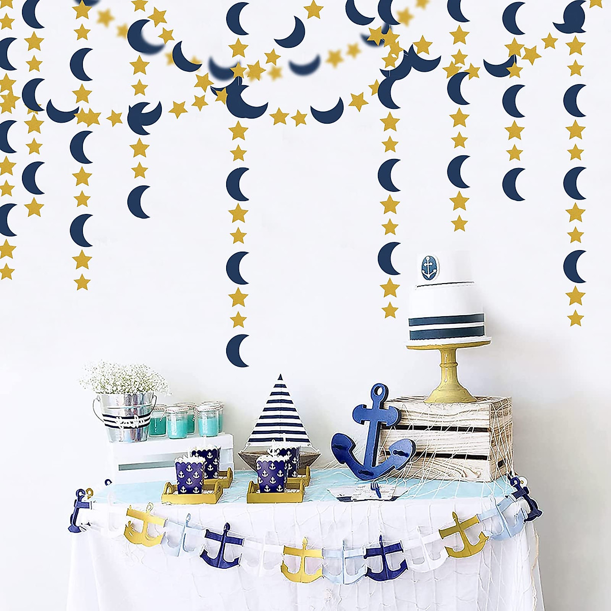 Navy-Blue Gold Moon-Star Party-Decorations Garland - 52Ft Twinkle Little Star Hanging Decoration Streamers Banner, Eid Ramadan Mubarak Decoration Birthday Wedding Baby Shower Party Decor Panduola