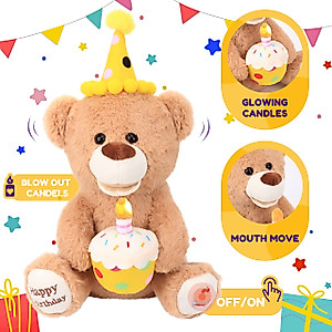 Hopearl Adorable Happy Birthday Teddy Bear with Glowing Cupcake Musical Stuffed Animal Bear Singing and Shaking Plush Toy Interactive Animated Kids Gifts, Brown, 15’’