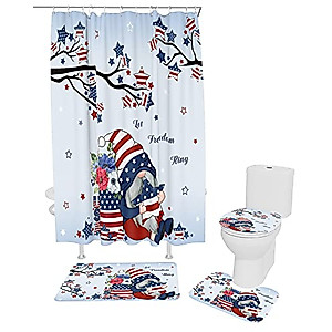 Fourth of July 4 Piece Shower Curtain Sets with Non-Slip Rugs, Toilet Lid Cover and Bath Mat, American Flag Stars Cute Gnomes Patriotic Theme Shower Curtain with 12 Hooks, Durable and Waterproof