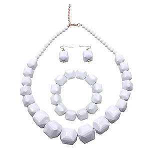 JHWZAIY White Beads Necklace, Costume Jewelry For Women Strand Necklaces, Acrylic African Beaded Necklace Chunky Statement, Halloween Necklaces (Necklace Earring + Bracelet Set)