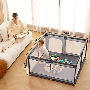 DEAR LOV Baby Playpen, 50"x50" Baby Playard, Playpen for Babies and Toddlers with Gate, Small Baby Playpen, Indoor & Outdoor Kid Activity Center with Anti-Slip Base, Sturdy Safety with Soft Mesh(Gray)