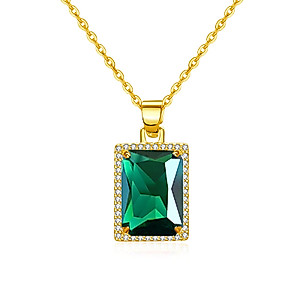 VONSSY Green Pendant Necklace | Rectangle Created-Emerald Pendant Necklace | 18" with 2" Extender Chain