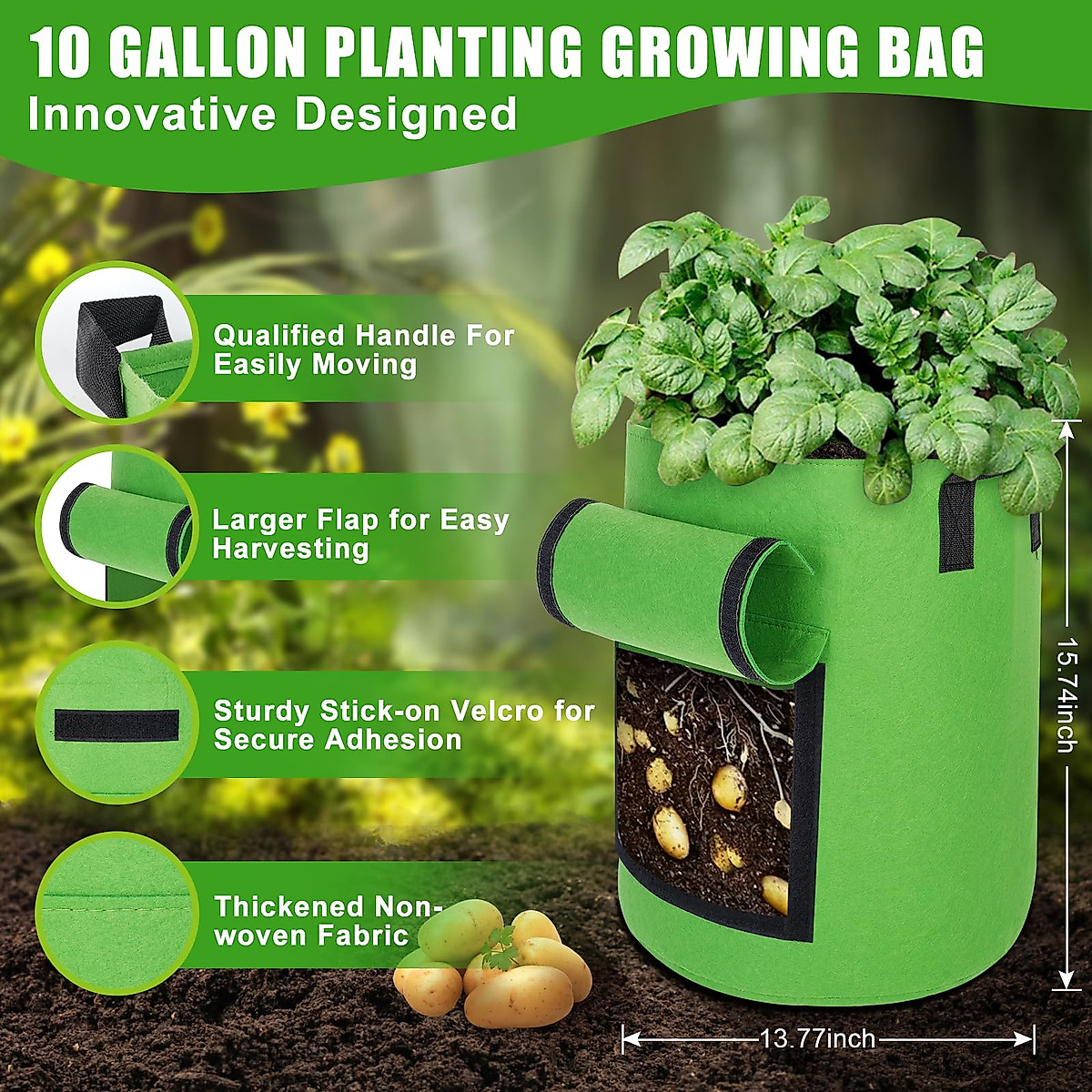 HYH 6 Pack 10 Gallon Potato Grow Bags with Flap Colorful Plant Grow Bags for Growing Potatoes Heavy Duty Thickened Nonwoven Fabric Grow Bags Pots Gardening Vegetable Growing Bags with Durable Handles