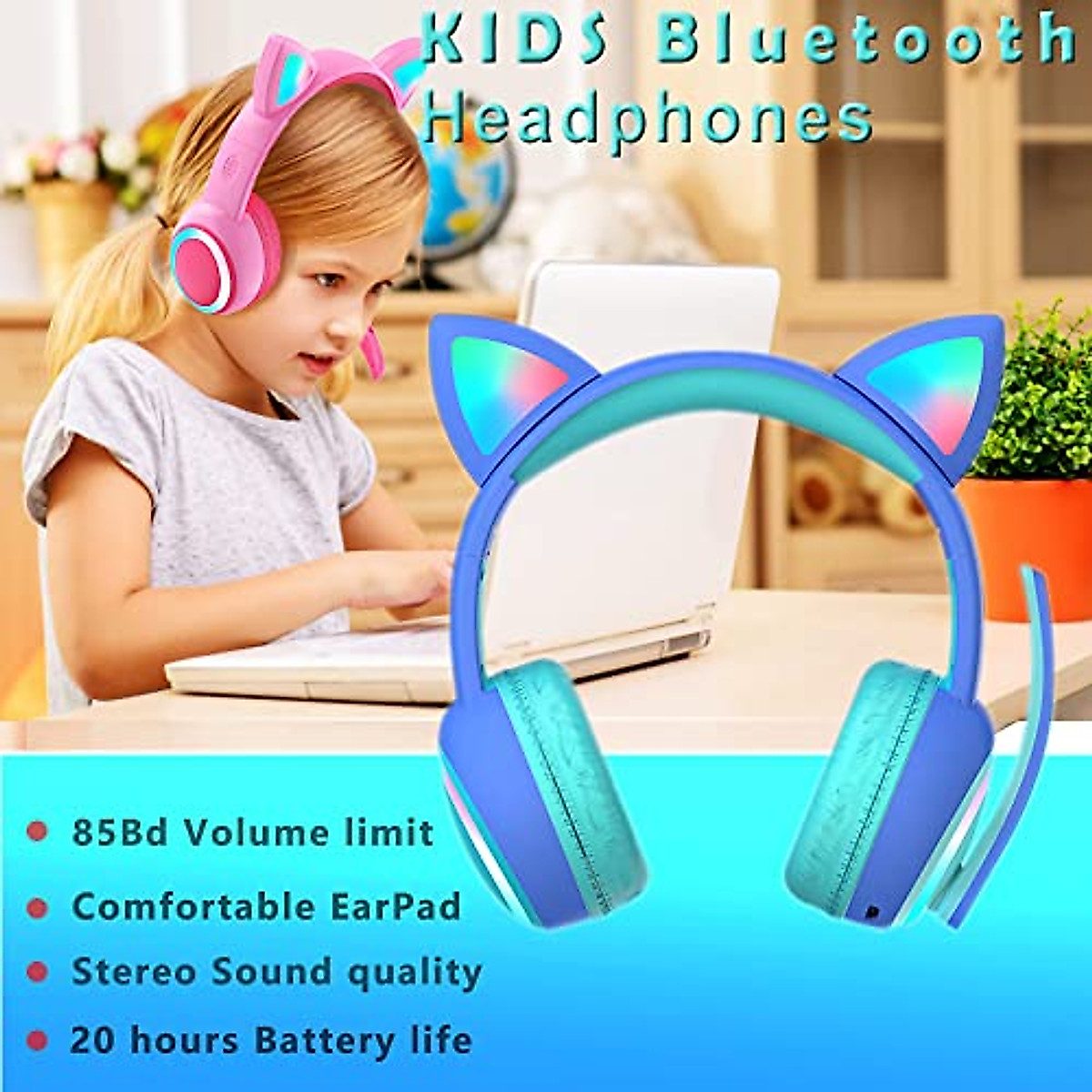 Fouetoway Cat Ear Kids Headphones with Bluetooth &Wired, On-Ear Headset Cute LED Light Up with Microphone for Kids Learning,Gaming,Music,Compatible with Laptop/PC/TV/Smartphones(Blue)