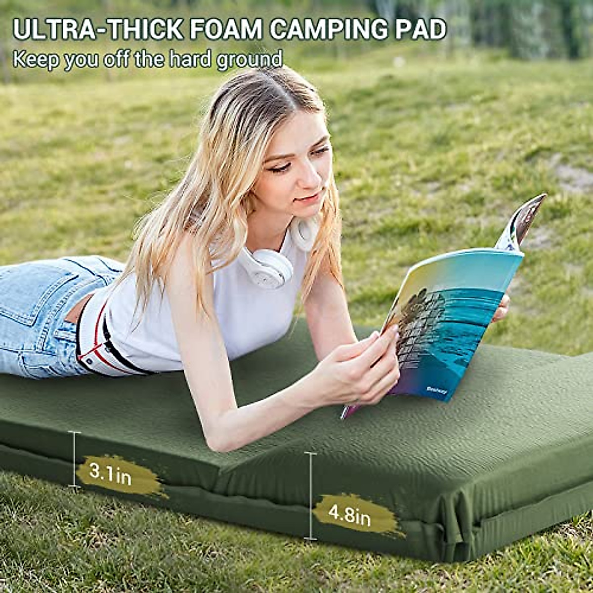 Elegear Self Inflating Sleeping Pad, 3.1" Ultra-Thick Memory Foam Camping Pad with Pillow Fast Inflating in 20s Insulated Camping Mattress Pad 4-Season Camp Sleeping Mat for Camping/Travel/Car/Tent