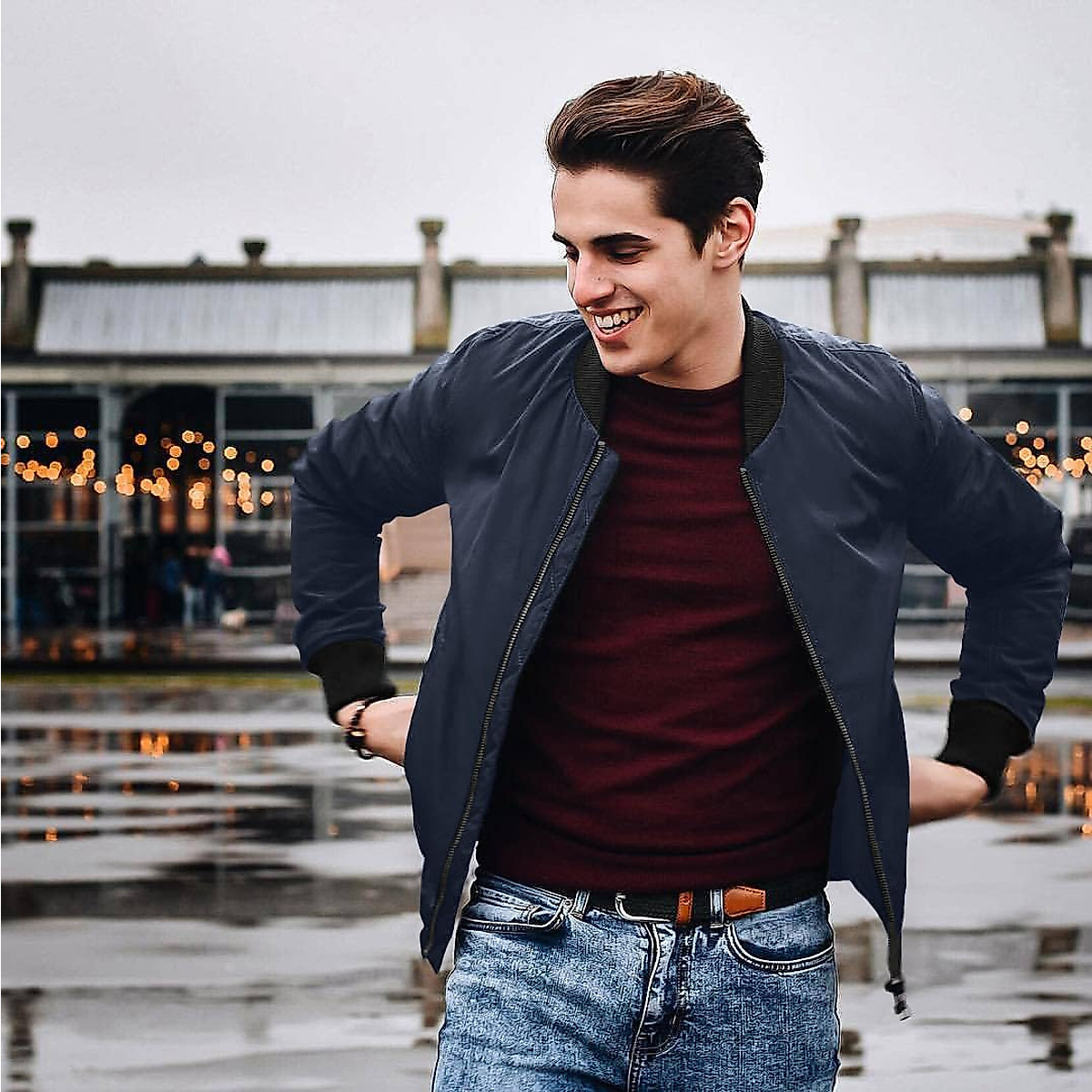 COOFANDY Men's Lightweight Bomber Jacket Fashion Windbreaker Fall Winter Front Zip Jackets Navy Blue L