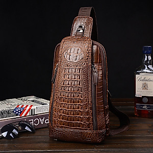 FiveloveTwo Mens Sling Bags Crocodile PU Shoulder Crossbody Chest Bag Satchels Hiking Daypack Dark Brown