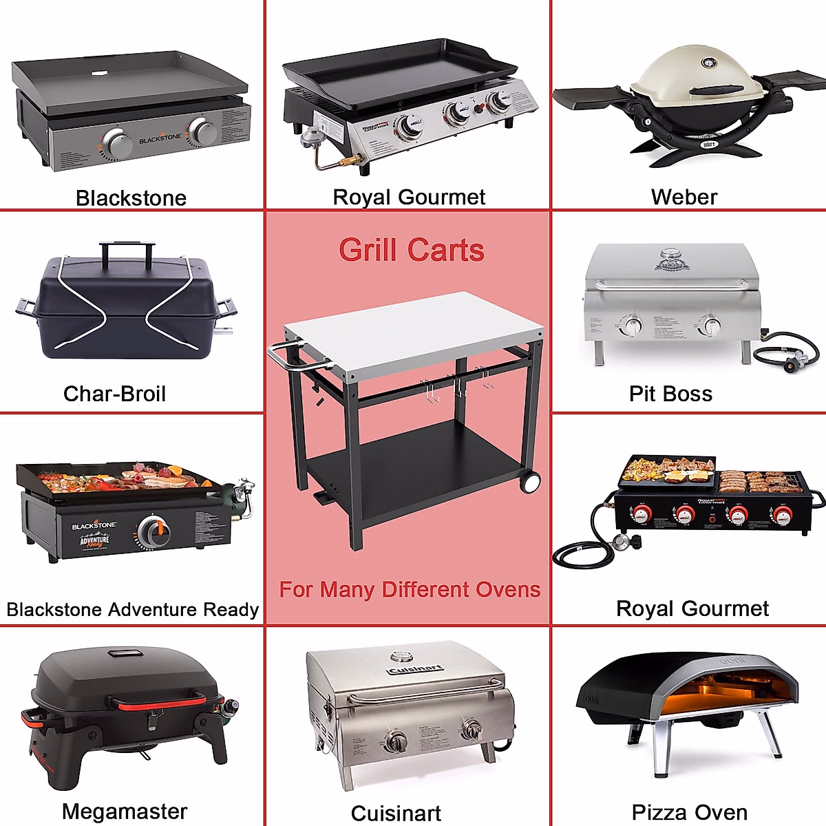GLOWYE Outdoor Portable Grill Carts, BBQ Foldable Food Prep Cart with Wheels for Blackstone Griddle, Ninja Woodfire Grills, Oven, Double-Shelf Stainless Steel Pizza Oven Table Stand