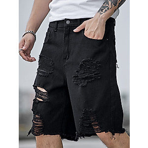Verdusa Men's Ripped Distressed Raw Trim High Waist Straight Leg Denim Shorts Black XL
