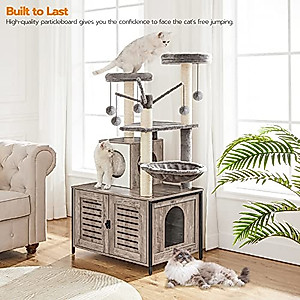 HOOBRO Cat Tree with Litter Box Enclosure, Cat Tower with Scratching Posts for Indoor Cats, All-in-One Wooden Cat House Furniture, Cat Condo with Hammock, Detachable Teaser Sticks, Greige BG14MZ03