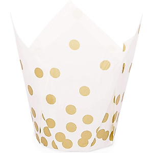 150 Pack Gold Polka Dot Muffin and Tulip Cupcake Liners for Baking and Decor (White, 3.35 x 3.5 Inches)