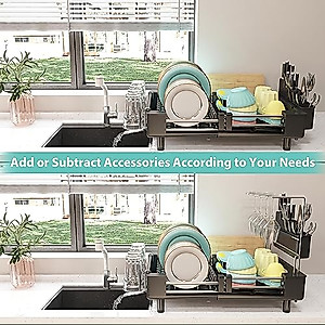 Ozera Dish Rack, Expandable Drying Rack with Drainboard, Stainless Steel Large Racks for Kitchen Counter, Detachable Set Dishes Utensils Holder and Cup Holders, Black (SN-LSJ01)