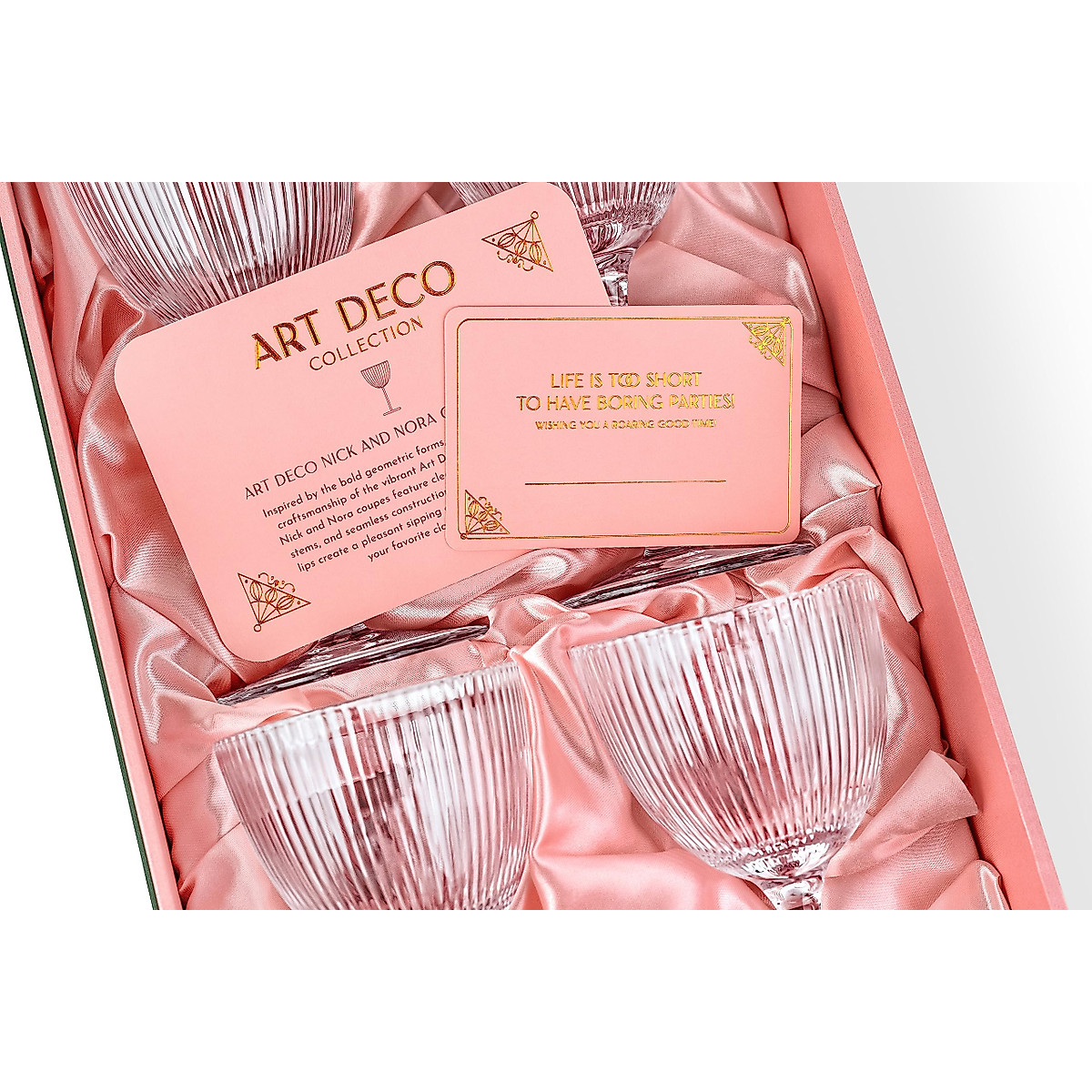 Vintage Art Deco Nick and Nora Coupe Glasses | Set of 4 | 5 oz Crystal Ribbed Cocktail Glassware for Drinking Classic Gin, Whiskey, Vodka Bar Drinks | Retro Long Stemmed Barware Goblets